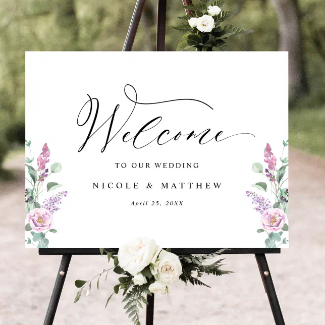 Elegant Mauve, Purple Floral Wedding Welcome Sign | Zazzle