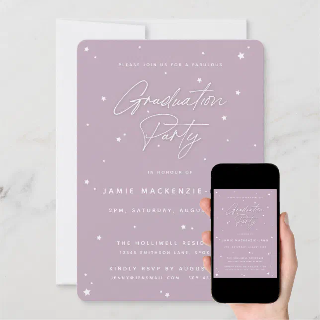 Elegant Mauve Script and Stars Graduation Party Invitation | Zazzle
