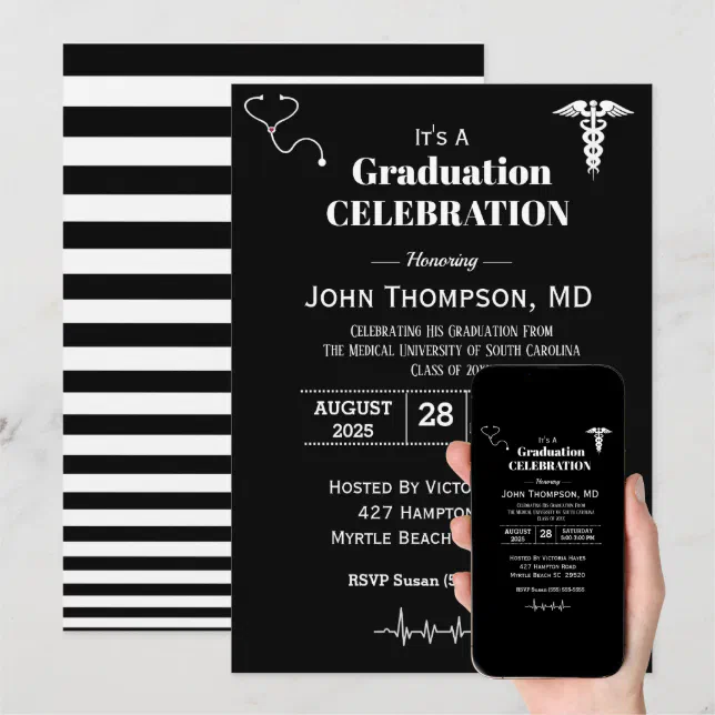 Elegant Medical Graduation Party Black and White Invitation | Zazzle