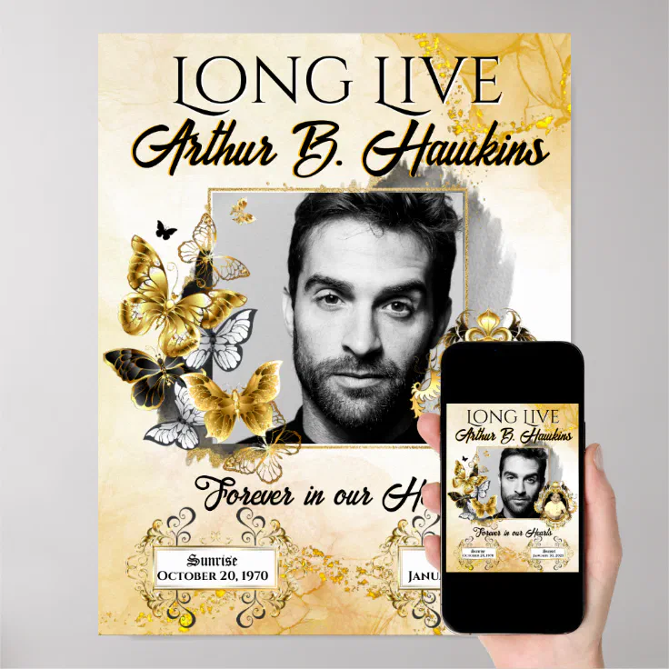 Elegant Memorial Black and Gold 2 Photos Funeral Poster | Zazzle