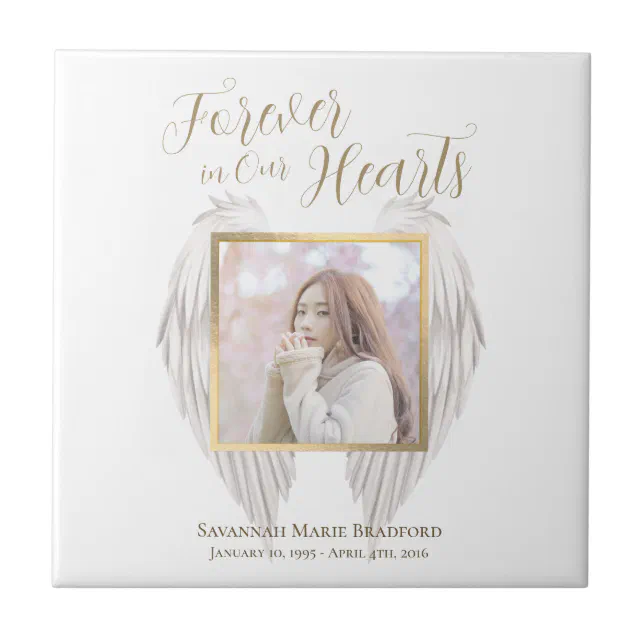 Elegant Memorial Forever in Our Hearts Photo Ceramic Tile | Zazzle