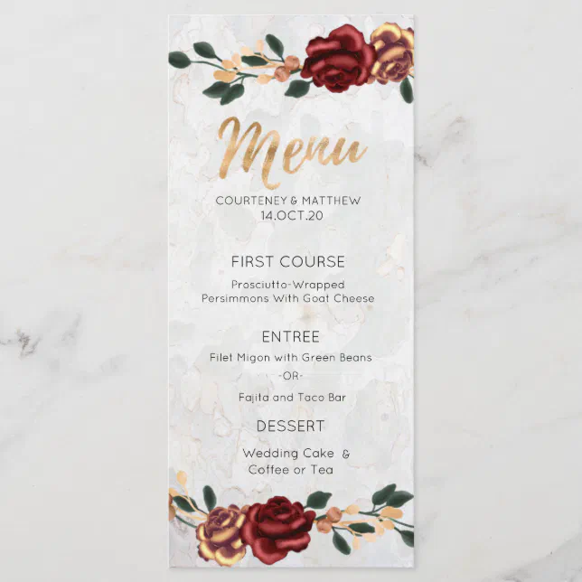Elegant Menu - Red Roses Gold Details | Zazzle