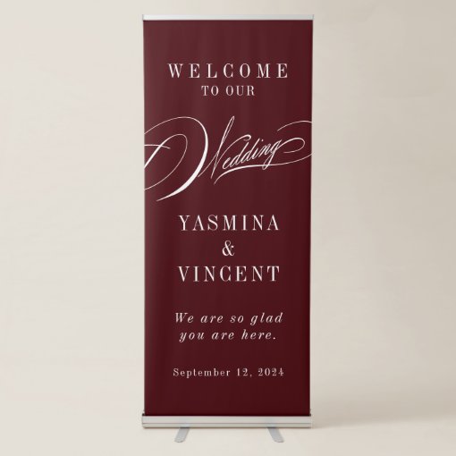 Elegant Merlot Calligraphy Wedding Retractable Banner | Zazzle