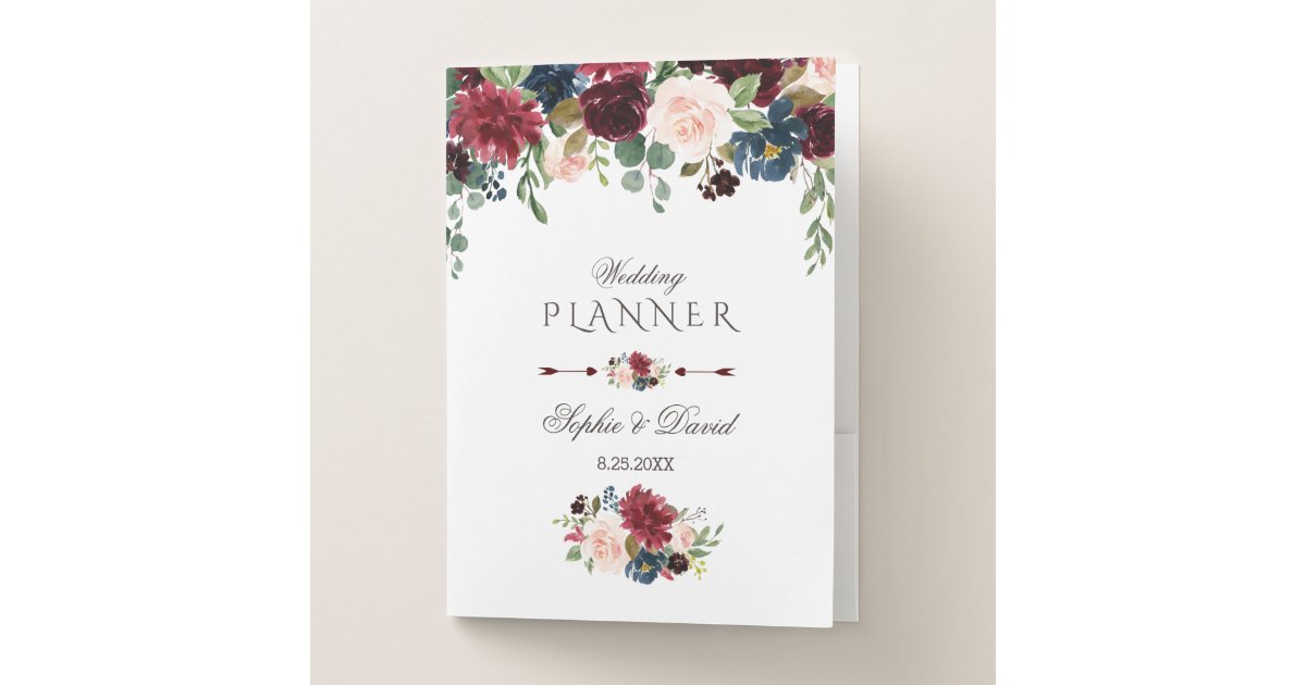 Elegant Merlot Navy Blue Floral Wedding Planner Pocket Folder | Zazzle