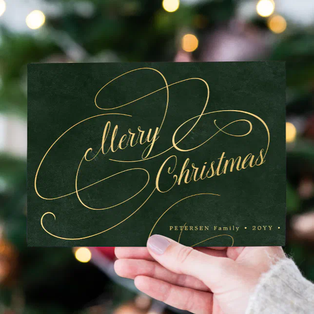 Elegant Merry Christmas gold script dark green Holiday Card | Zazzle