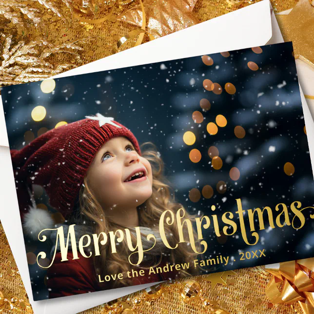 Elegant Merry Christmas Photo Gold Foil Holiday Card | Zazzle