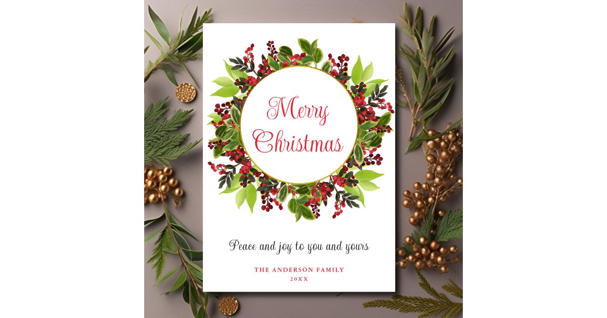Elegant Merry Christmas Red Berries Holiday Card | Zazzle