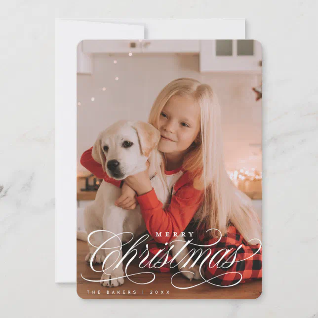 Elegant Merry Christmas script and serif photo Holiday Card | Zazzle