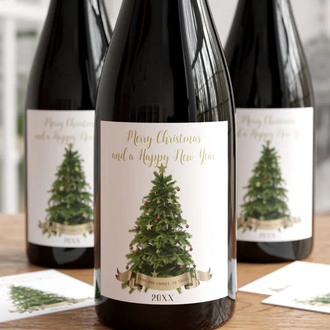 Elegant Merry Christmas Tree From Our Family Name Wine Label | Zazzle
