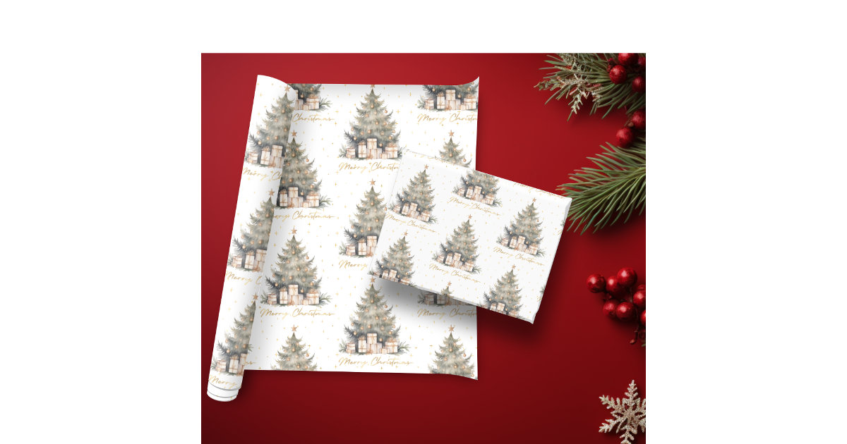 Elegant Merry Christmas Tree Gold Minimalist Wrapping Paper | Zazzle