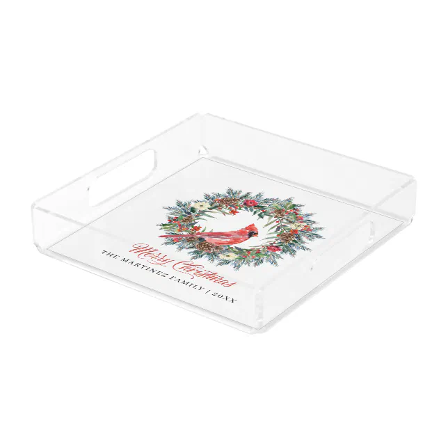 Elegant Merry Christmas Wreath Red Cardinal Trivet Acrylic Tray | Zazzle