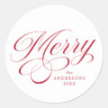 Elegant Merry Red Calligraphy Script Holiday Classic Round Sticker | Zazzle
