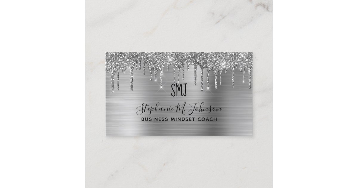 Elegant Metallic Silver Glitter Drip Monogram Logo Business Card | Zazzle