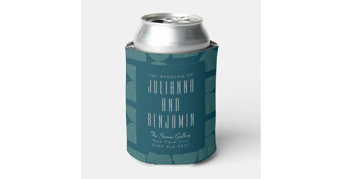 Elegant Mid Mod Arch Teal Blue Custom Wedding Can Cooler | Zazzle