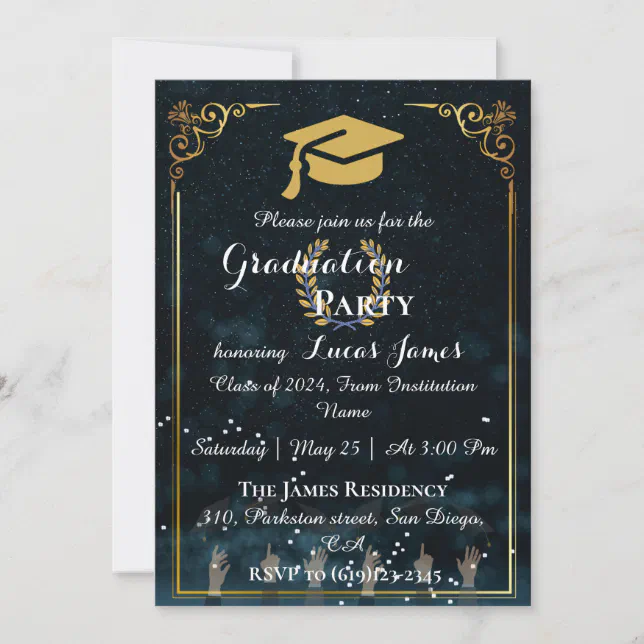 Elegant Midnight Blue & Gold Graduation Invitation | Zazzle