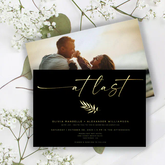 Elegant Minimal At Last Wedding Photo Real Foil Invitation | Zazzle