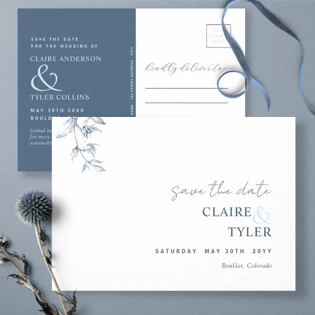 Elegant Minimal, Blue Wedding Save The Date Postcard | Zazzle