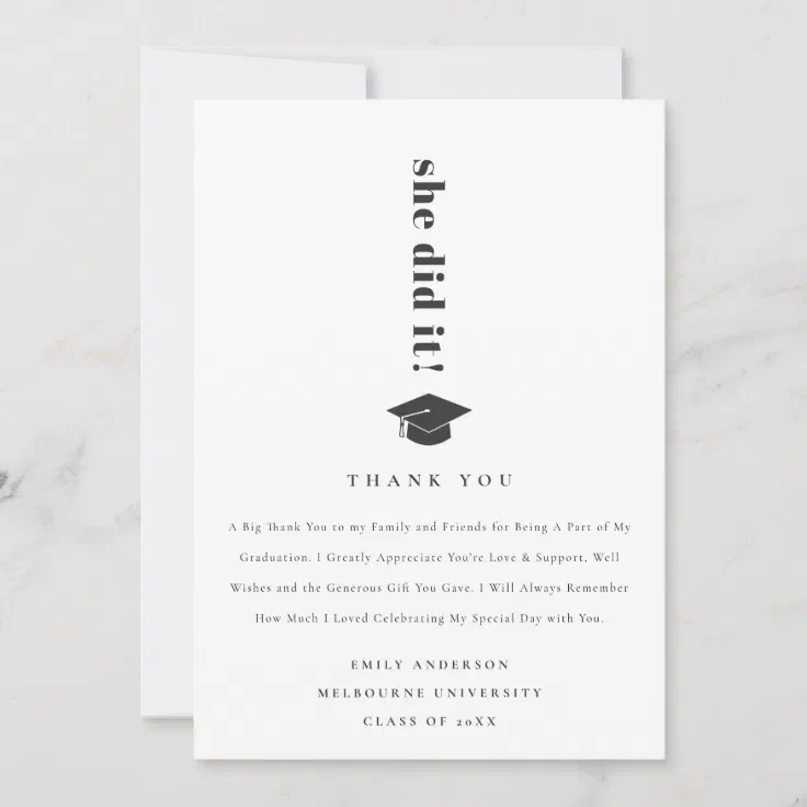 Elegant Minimal Bold Typography Graduation Cap Thank You Card | Zazzle