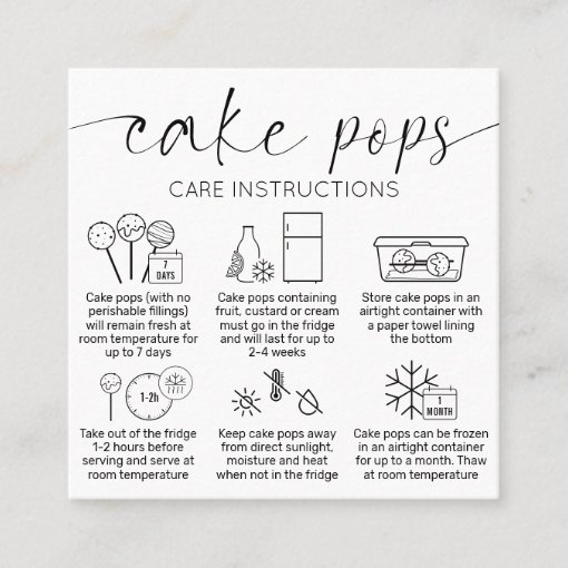 Elegant Minimal Cake Pops Care Instructions Cards | Zazzle
