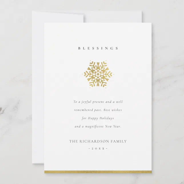 Elegant Minimal Chic Faux Gold Snowflake Blessings Holiday Card | Zazzle