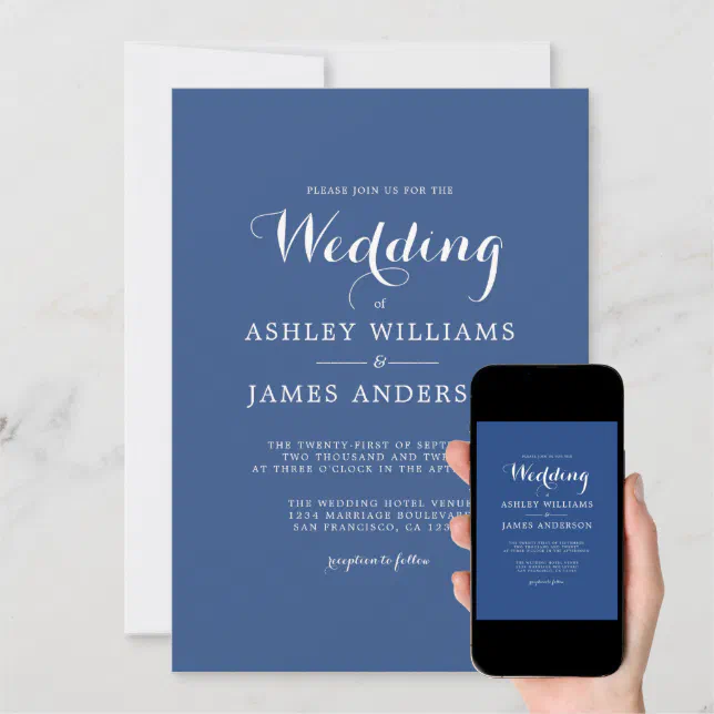 Elegant Minimal Classic Blue Wedding Invitation | Zazzle
