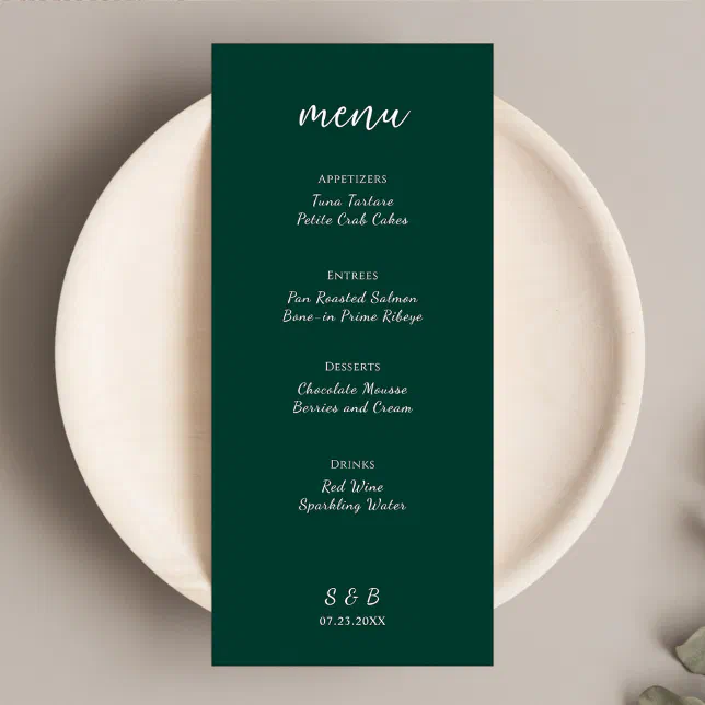 Elegant Minimal Emerald Green Wedding Menu | Zazzle