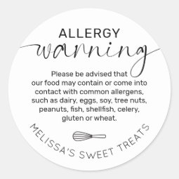 Elegant Minimal Food Safety Allergy Warning Bakery Classic Round ...