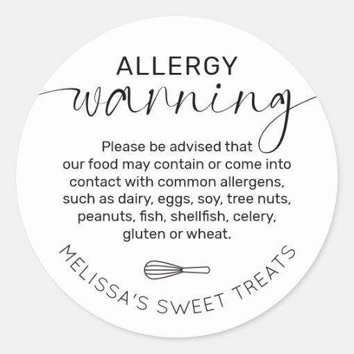 Elegant Minimal Food Safety Allergy Warning Bakery Classic Round ...
