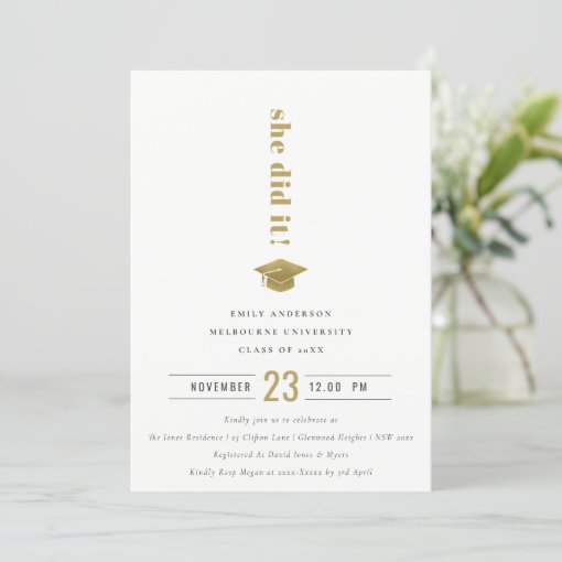 Elegant Minimal Gold Typography Graduation Cap Invitation | Zazzle