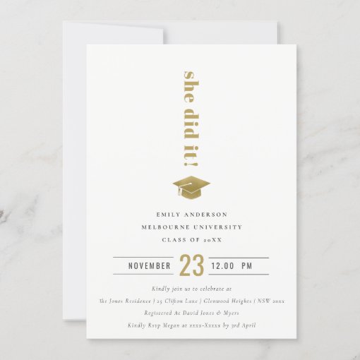 Elegant Minimal Gold Typography Graduation Cap Invitation | Zazzle