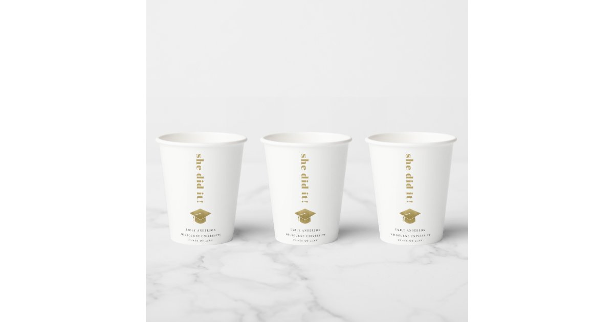 Elegant Minimal Gold Typography Graduation Cap Paper Cups | Zazzle