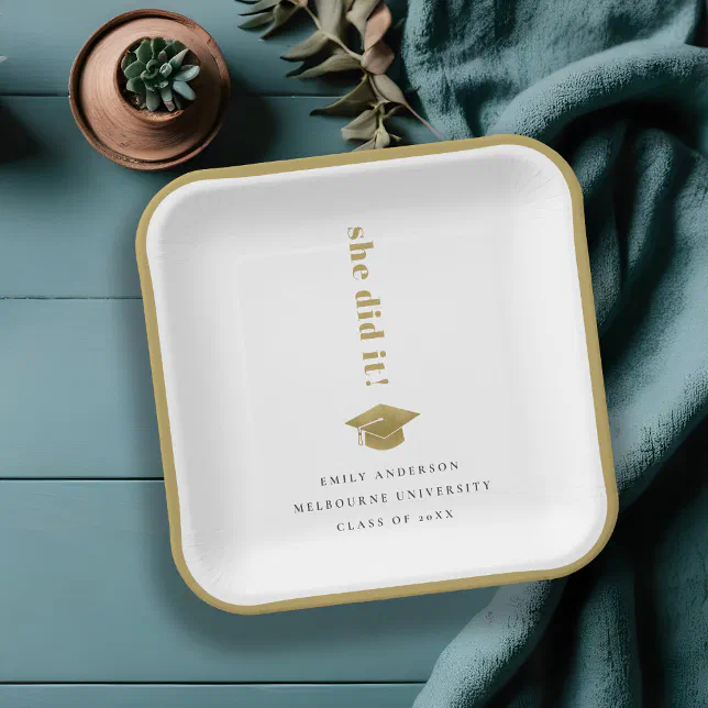 Elegant Minimal Gold Typography Graduation Cap Paper Plates | Zazzle