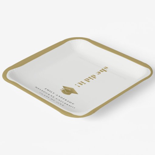 Elegant Minimal Gold Typography Graduation Cap Paper Plates | Zazzle