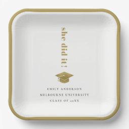 Elegant Minimal Gold Typography Graduation Cap Paper Plates | Zazzle