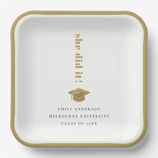 Elegant Minimal Gold Typography Graduation Cap Paper Plates | Zazzle