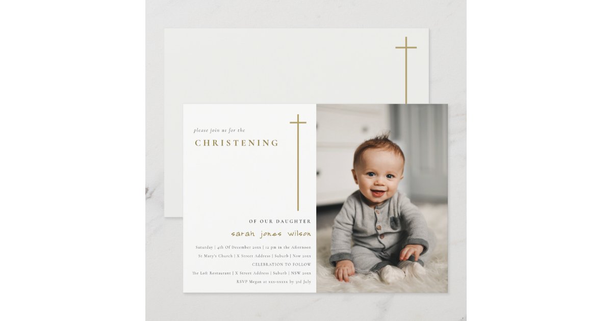 Elegant Minimal Gold Typography Photo Christening Invitation | Zazzle