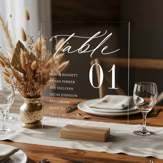 Elegant Minimal Guest Names Seating Table Number Acrylic Sign | Zazzle
