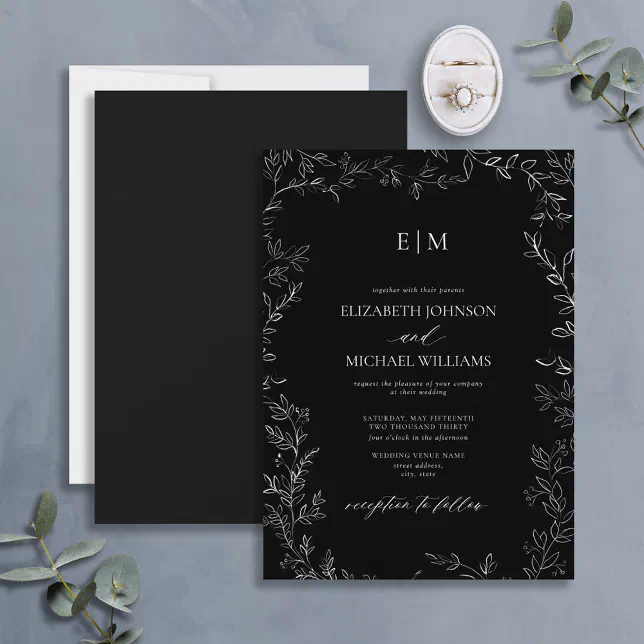 Elegant Minimal Leaf Black White Monogram Wedding Invitation | Zazzle