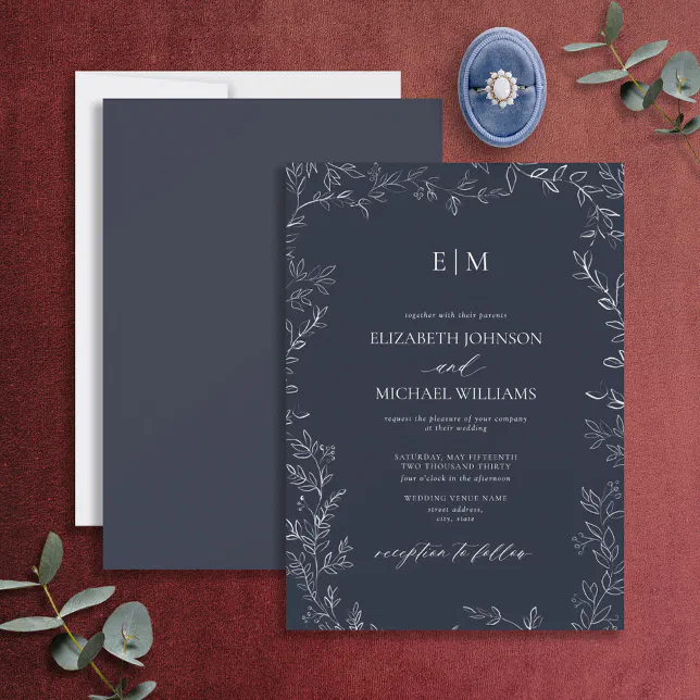 Elegant Minimal Leaf Navy Blue Monogram Wedding Invitation | Zazzle