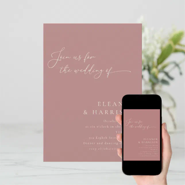 Elegant Minimal Modern Dusty Rose Script Wedding Invitation | Zazzle