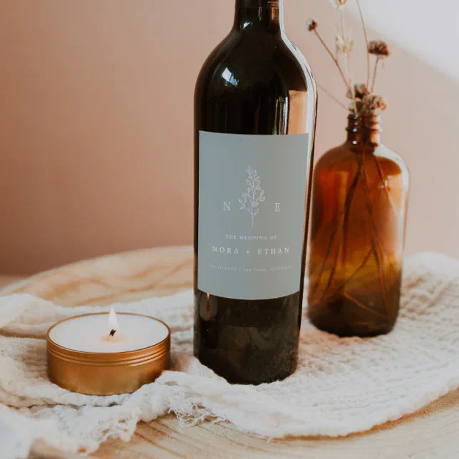 Elegant Minimal Monogram Leaf Sage Wedding Wine Label | Zazzle