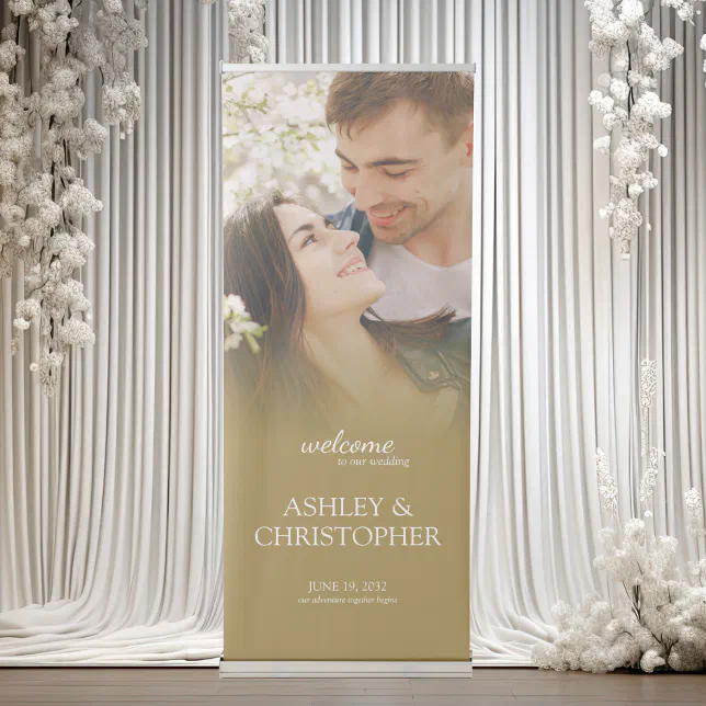 Elegant Minimal Photo Welcome Gold Wedding Retractable Banner | Zazzle