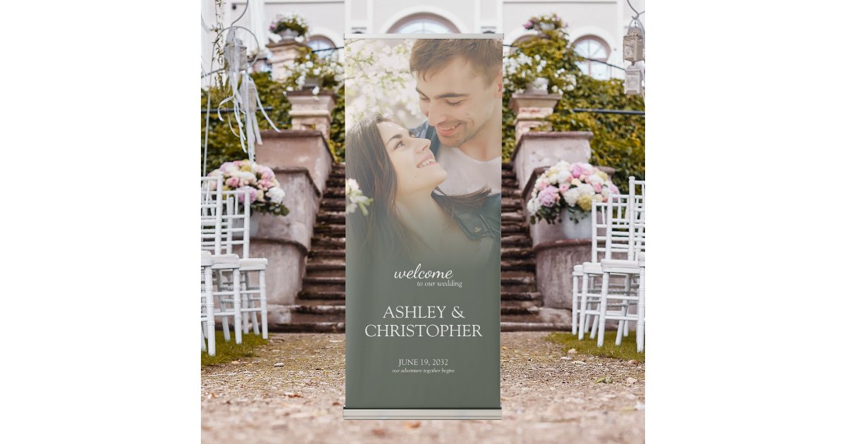 Elegant Minimal Photo Welcome Moss Green Wedding Retractable Banner ...