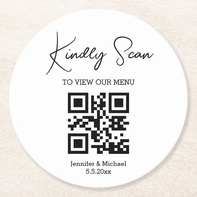 elegant minimal qr code wedding menu round paper coaster | Zazzle