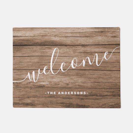 Elegant minimal rustic brown wood print welcome doormat | Zazzle.com