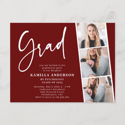Elegant Minimal Script 3 Photo Graduation Maroon Invitation Postcard ...