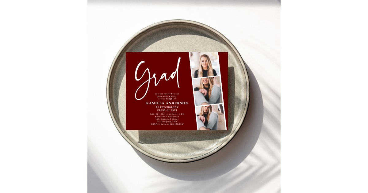 Elegant Minimal Script 3 Photo Graduation Maroon Invitation Postcard ...