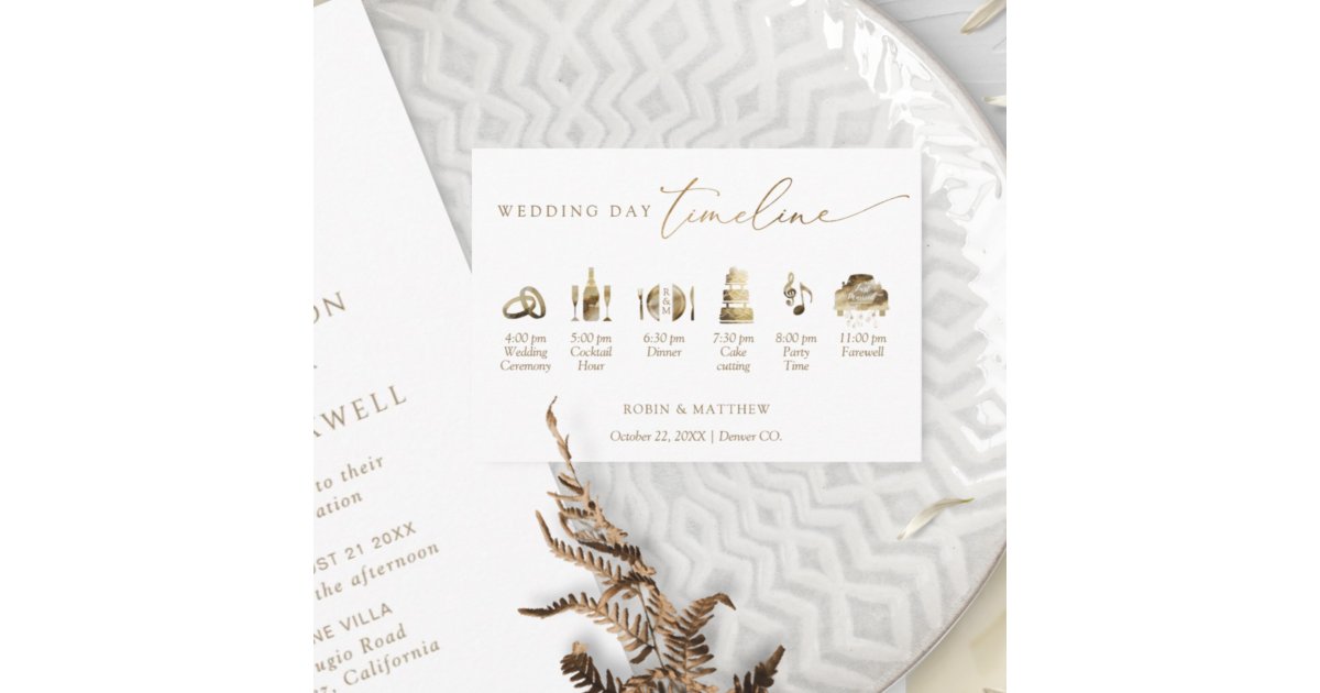 Elegant Minimal White and Gold Wedding Timeline Enclosure Card | Zazzle