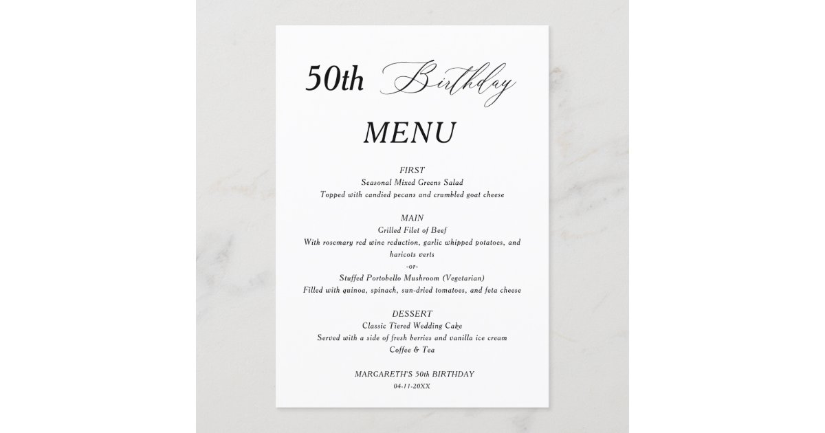 Elegant Minimalist 50th Birthday Menu | Zazzle