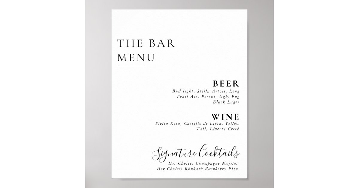Elegant Minimalist Calligraphy Wedding Bar Menu Poster | Zazzle